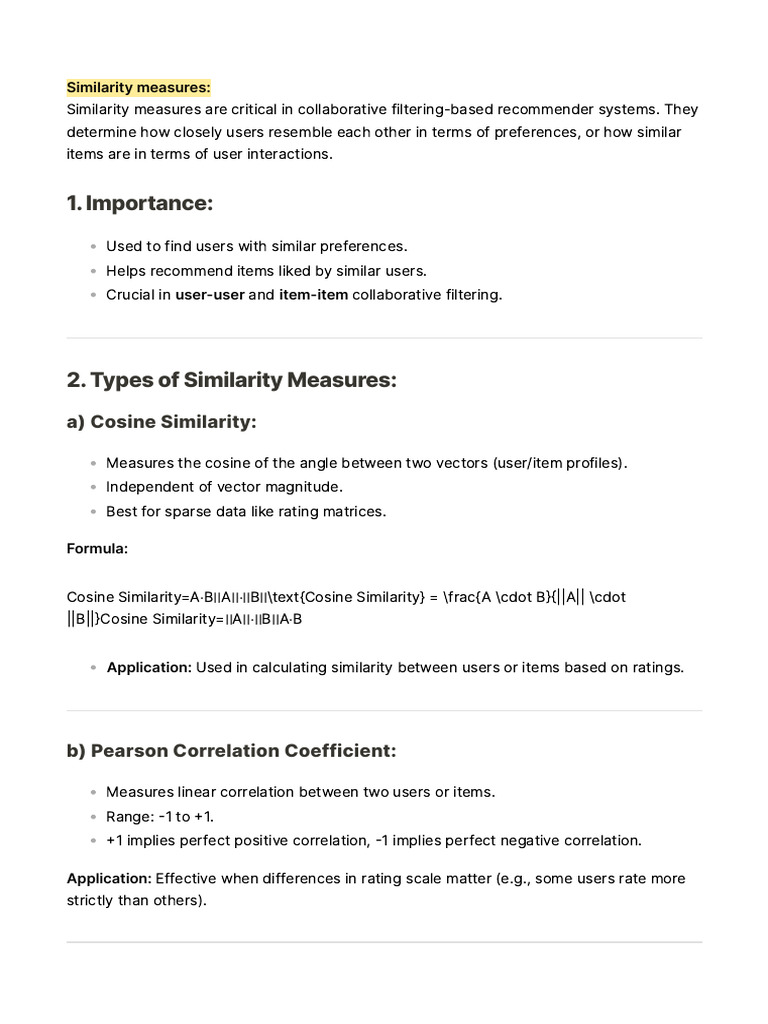 Types of Similarity Measures in Recommendations | PDF