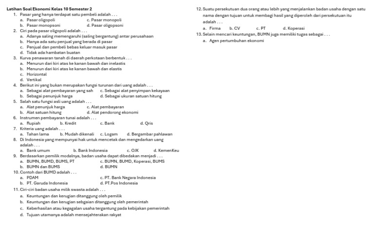 Latihan Soal Ekonomi Kelas 10 Semester 2 | PDF