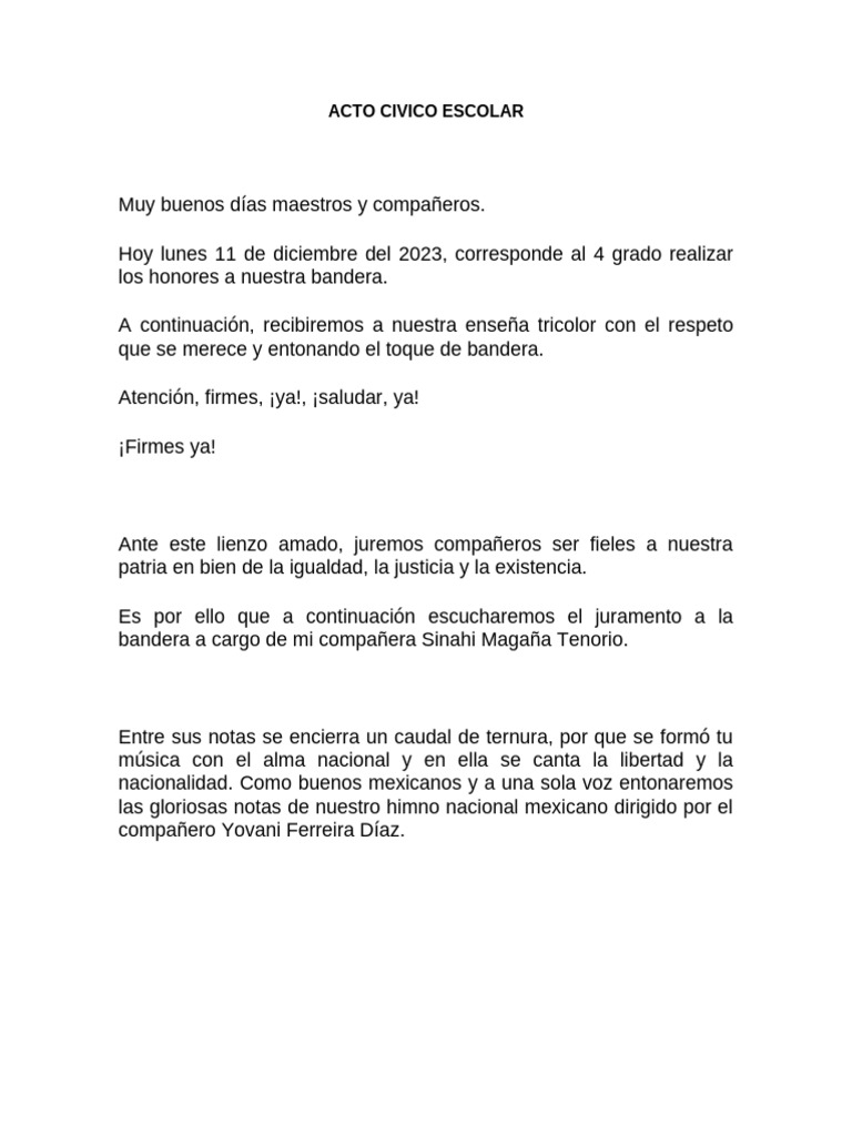 Acto Cívico Escolar: Honores a la Bandera | PDF