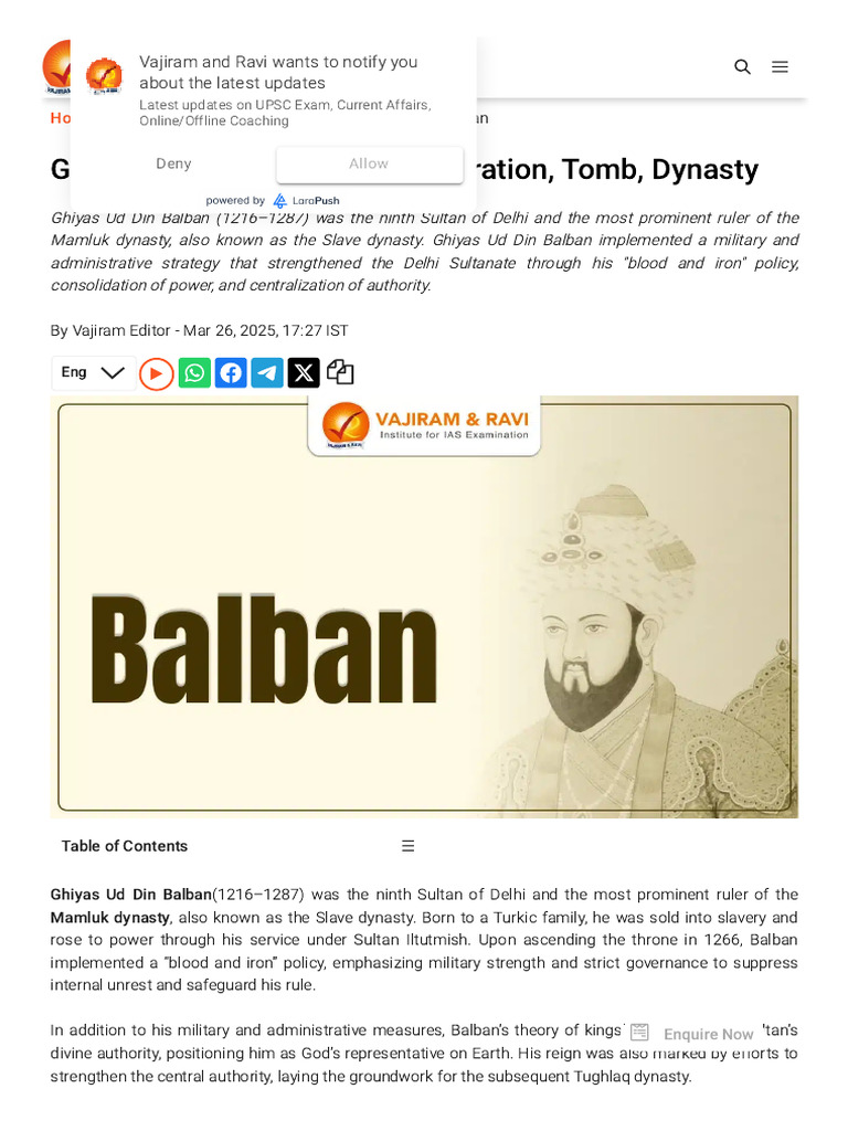 Ghiyas Ud Din Balban, Administration, Tomb, Dynasty | PDF