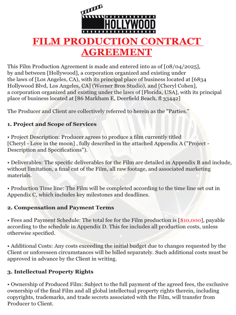 Hollywood Movie Production Contract Agreement | PDF | Property | Copyright