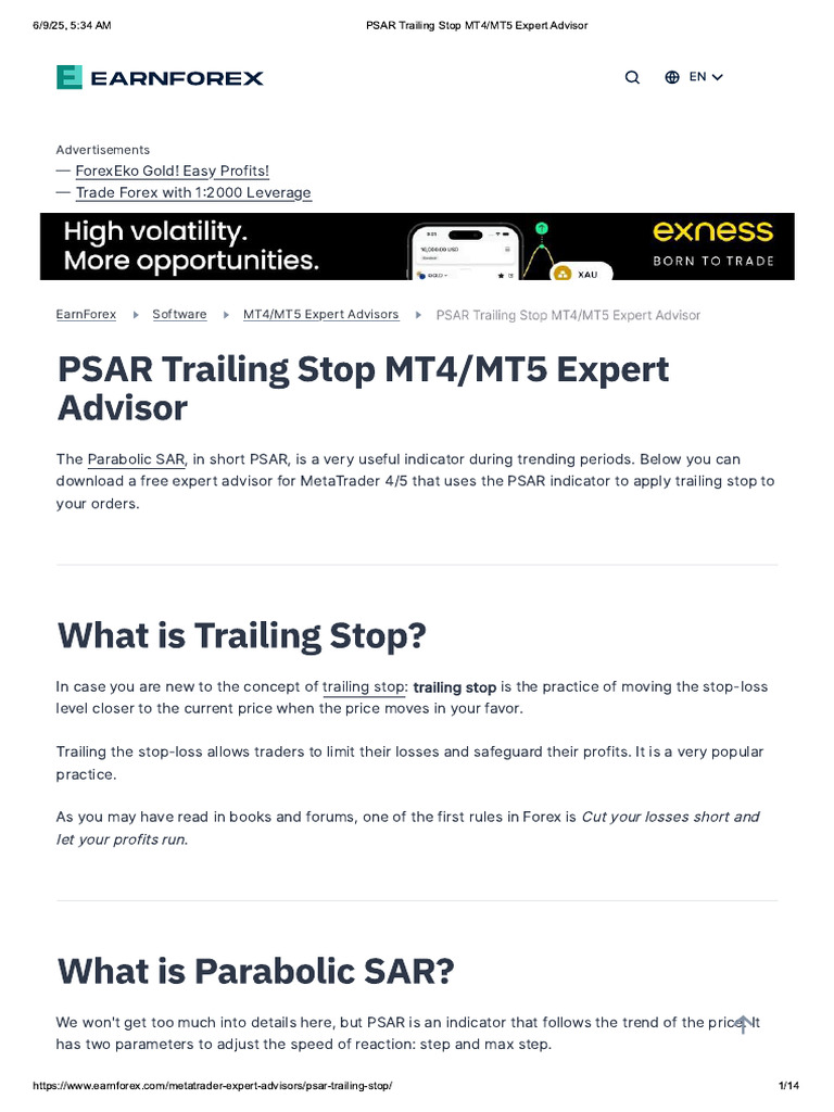 PSAR Trailing Stop MT4 - MT5 Expert Advisor | PDF