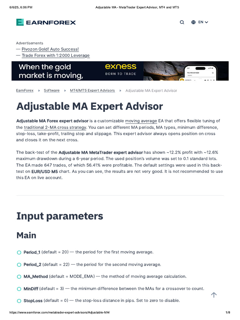 Adjustable MA - MetaTrader Expert Advisor, MT4 and MT5 | PDF