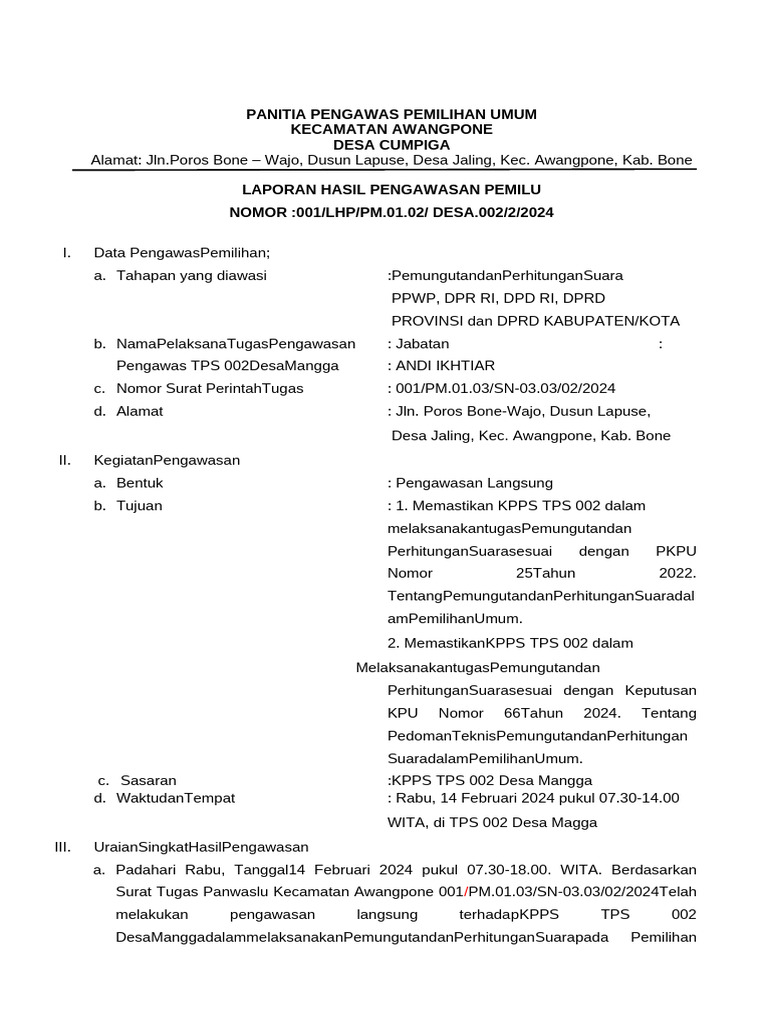 Contoh LHP Form A Ptps 001 Desa Cumpiga-1 | PDF