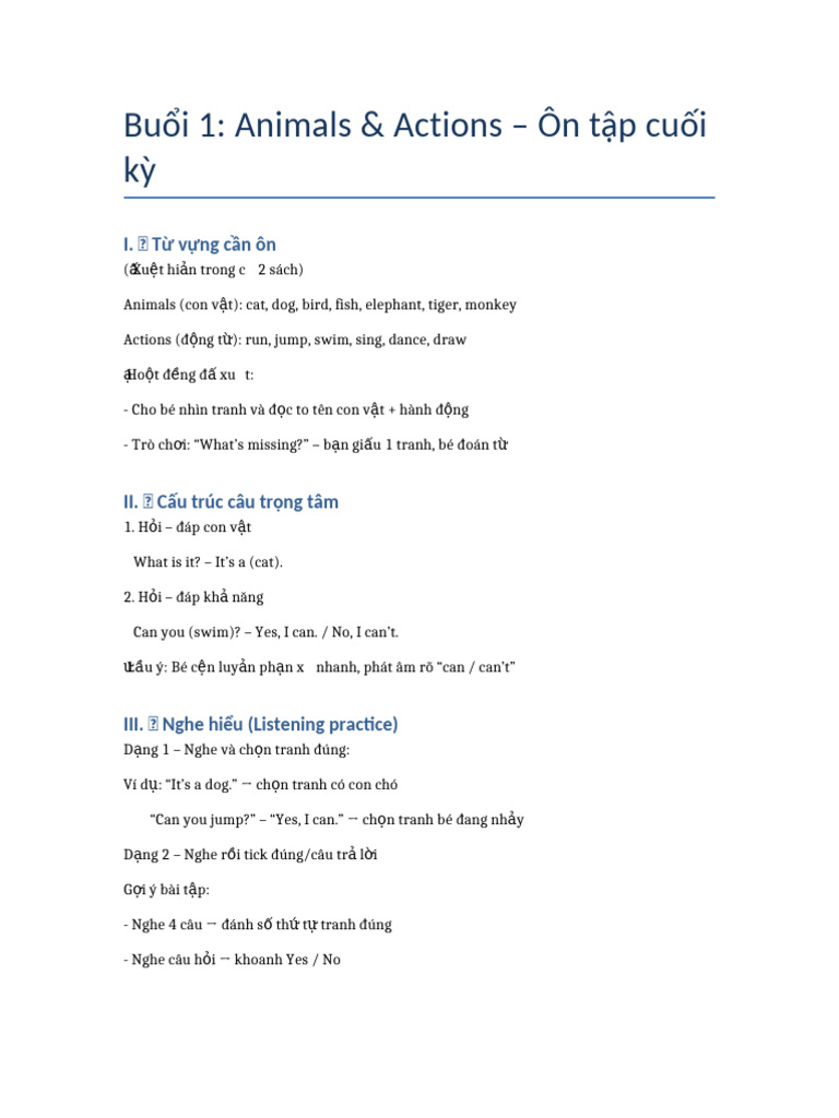 Buoi 1 Animals Actions Day in | PDF