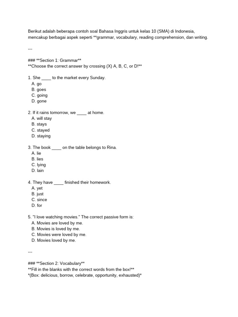 Contoh Soal Bahasa Inggris Untuk Kelas 10 (SMA) Di Indonesia, Mencakup ...