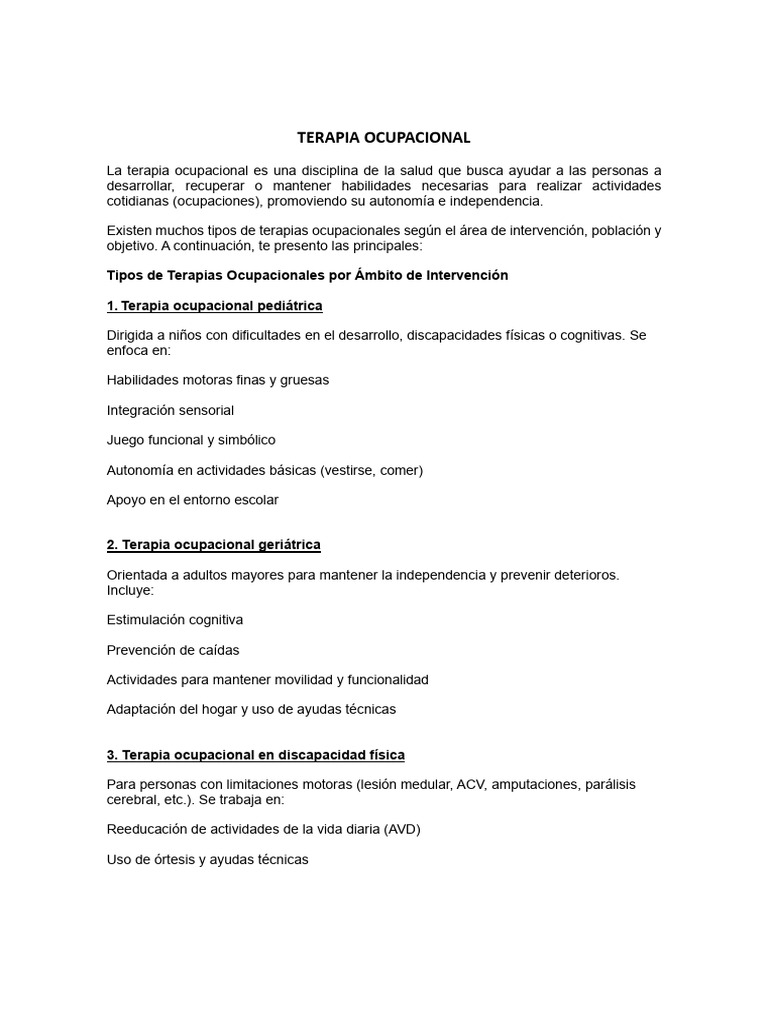 Tipos de Terapia Ocupacional y Beneficios | PDF | Terapia ocupacional ...