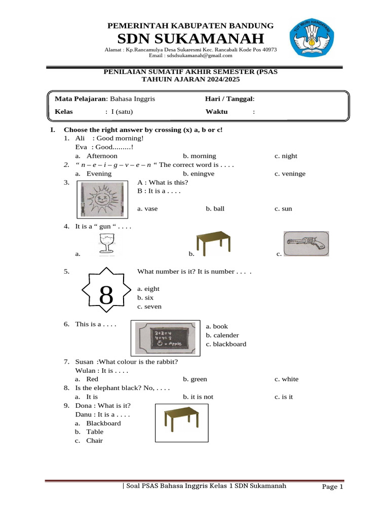 Soal PSAS Semester 1 Bahasa Inggris Kelas 1 | PDF | Chess Theory | Chess