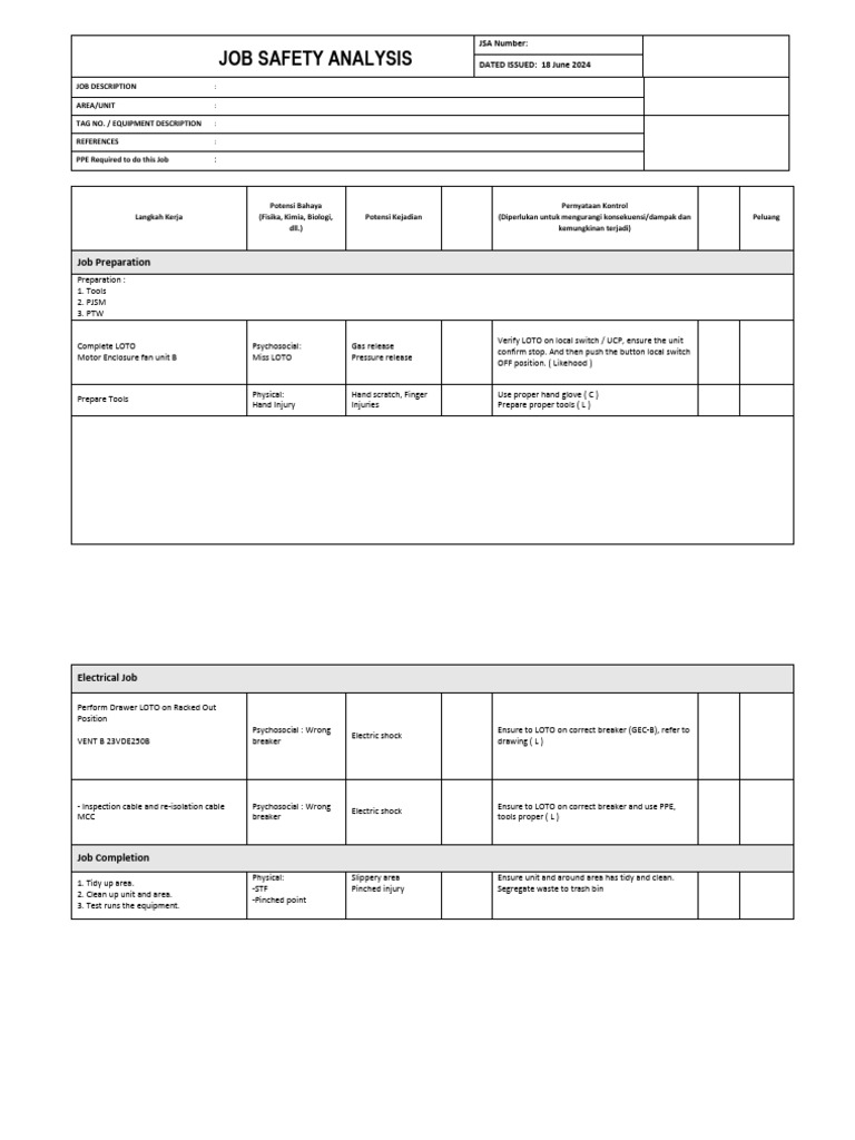 Job Safety Analysis (JSA) Template | PDF | Equipment | Labor Relations
