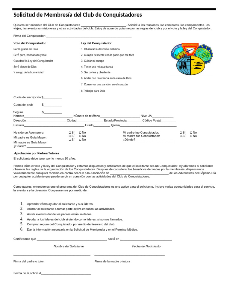 Solicitud de Membresía Club Conquistadores | PDF