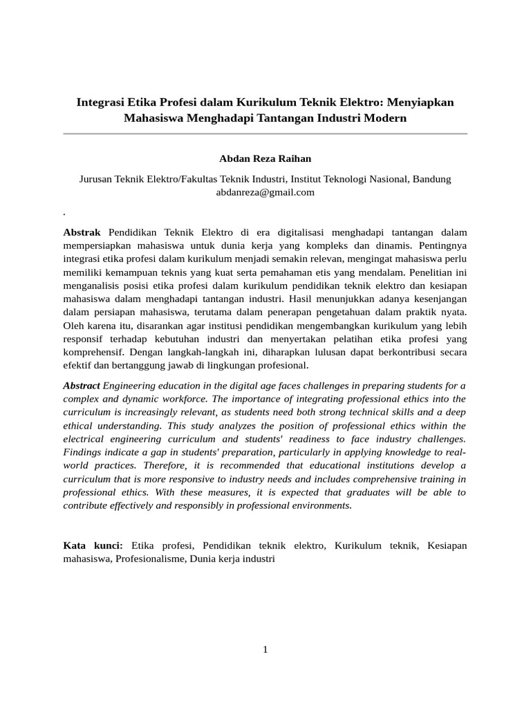 Artikel Pentingnya Etika Profesi Dalam Pendidikan Teknik Elektro | PDF