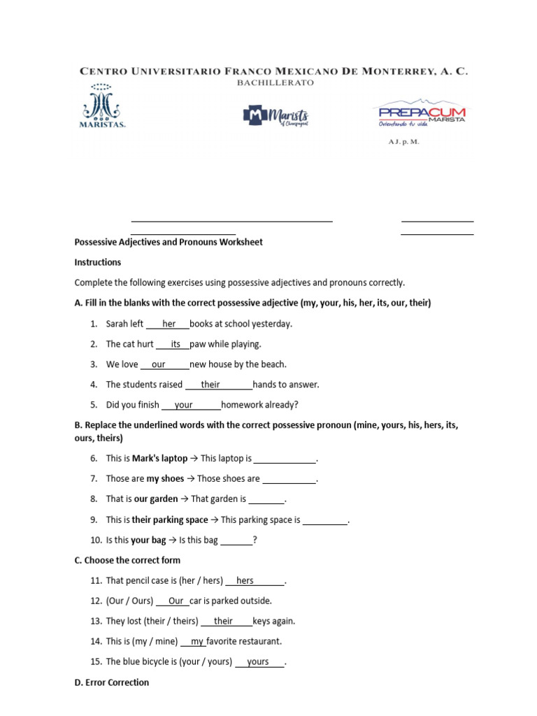 Possessive Adjec and Pronouns Worksheet1 | PDF