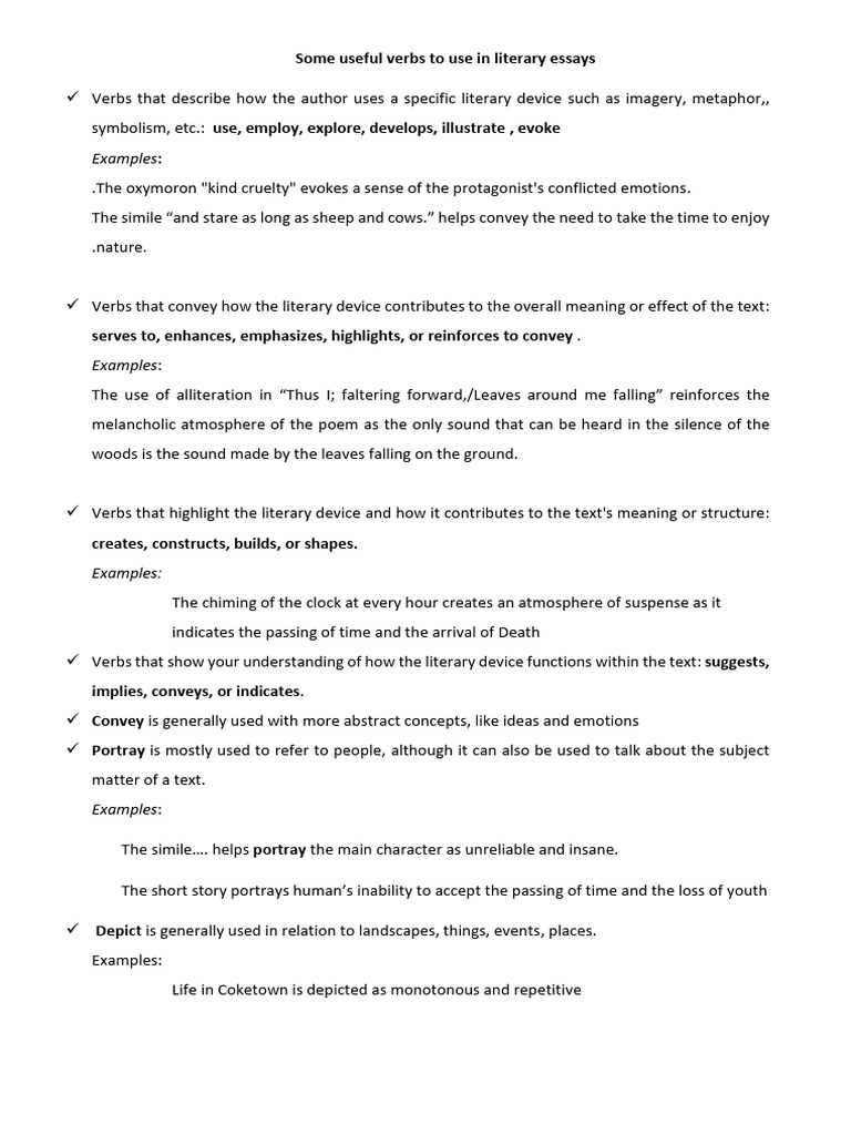 Some Useful Verbs To Use in Literary Essays | PDF