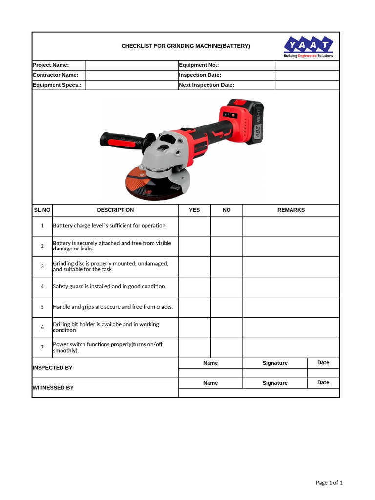 Checklist For Grinding Machine (Battery) | PDF