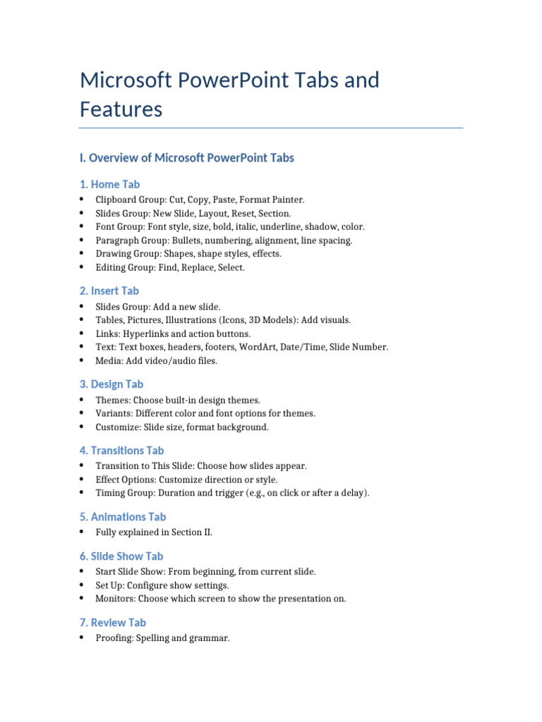 PowerPoint Tabs and Features | PDF | Microsoft Power Point | Computing