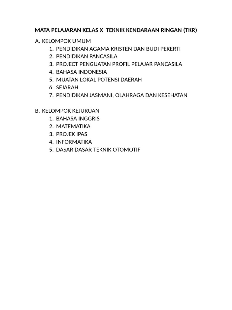 Mata Pelajaran Kelas X TKR | PDF
