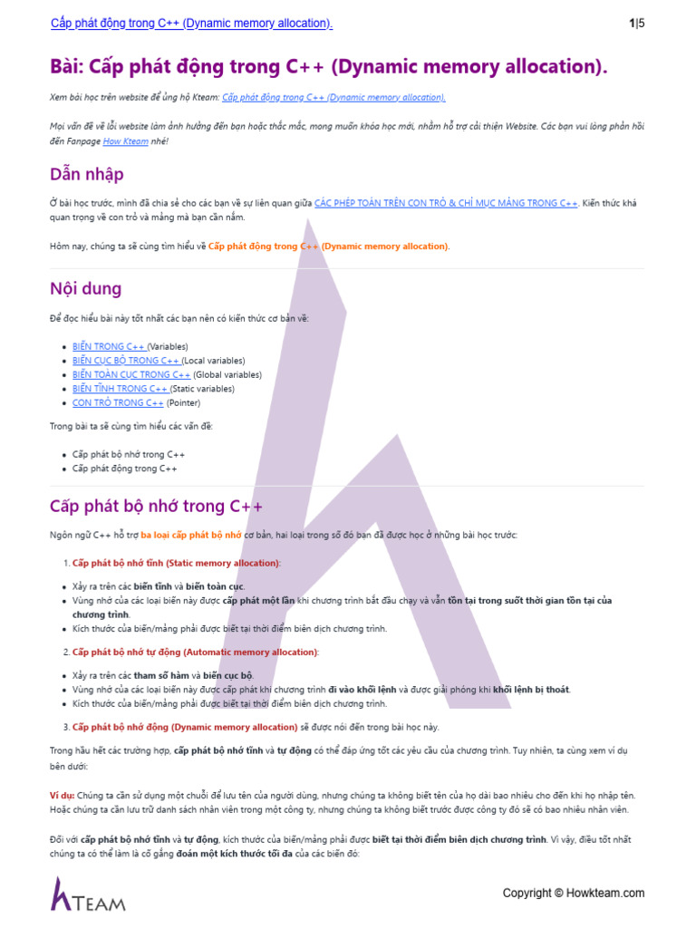 HOWKTEAM.vn - Cấp Phát Động Trong C++ (Dynamic Memory Allocation) . | PDF