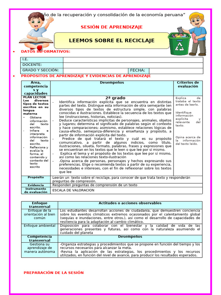 2º U3 s2 Sesion d4 Plan Lector Leemos Sobre El Reciclaje | PDF ...