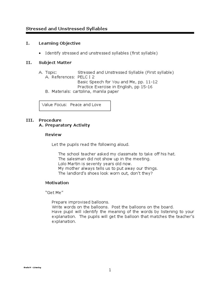 Identifying Stressed and Unstressed Syllables | PDF