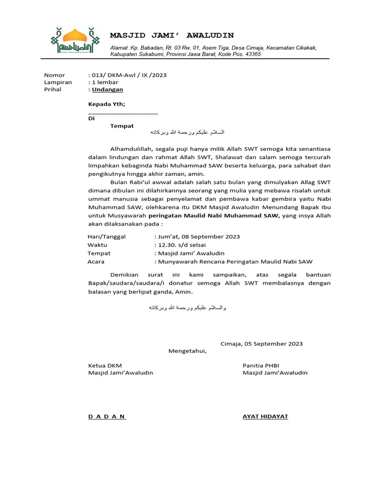 Undangan Musyawarah Maulid Nabi SAW | PDF