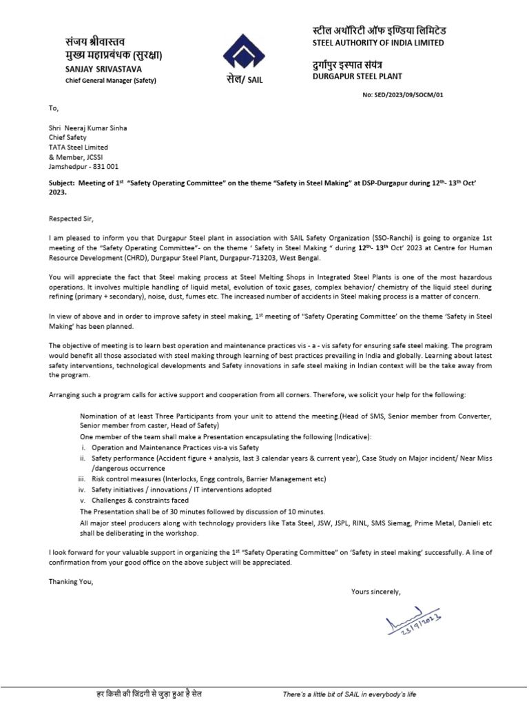 Letter From CGM (Safety) - TATA Steel | PDF