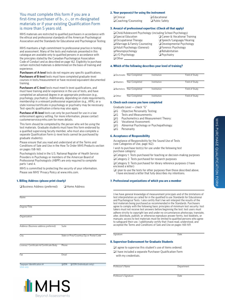 MHS Purchaser Qualification Form | PDF | Psychology | Psychologist