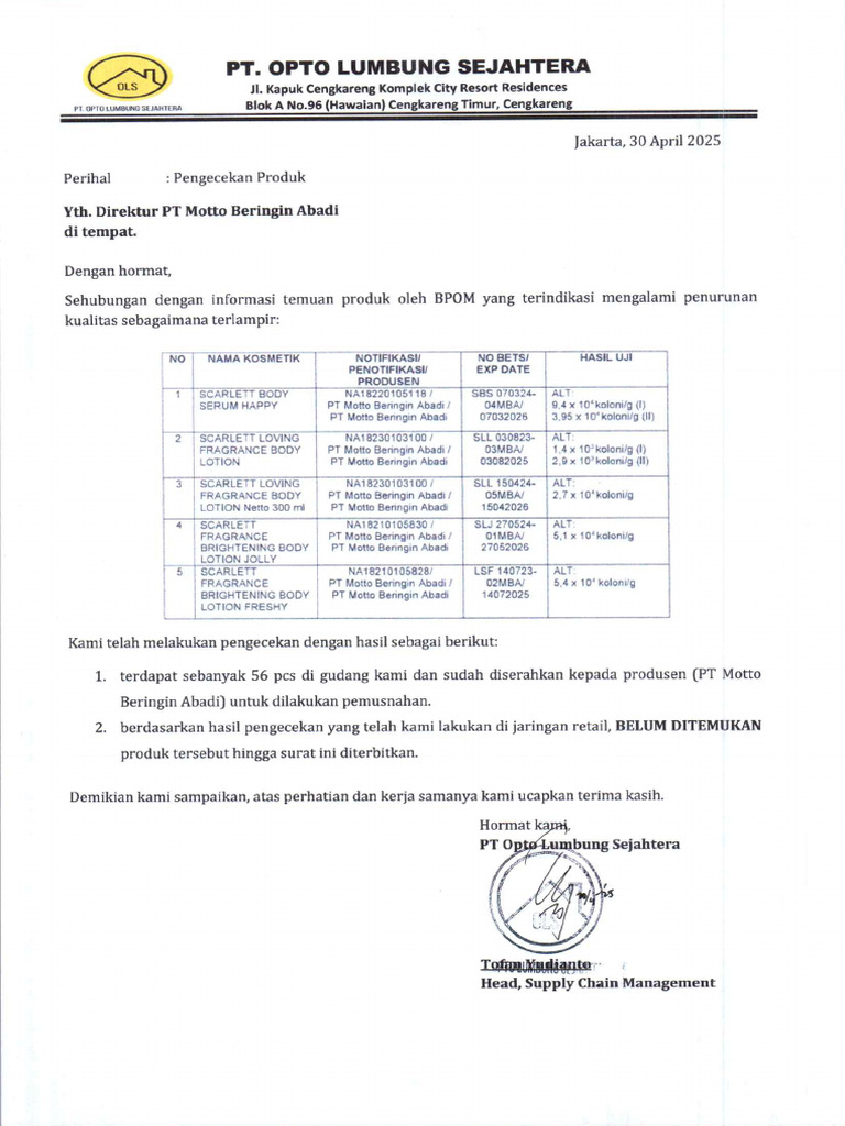 Pengecekan Produk PT Motto Beringin Abadi | PDF