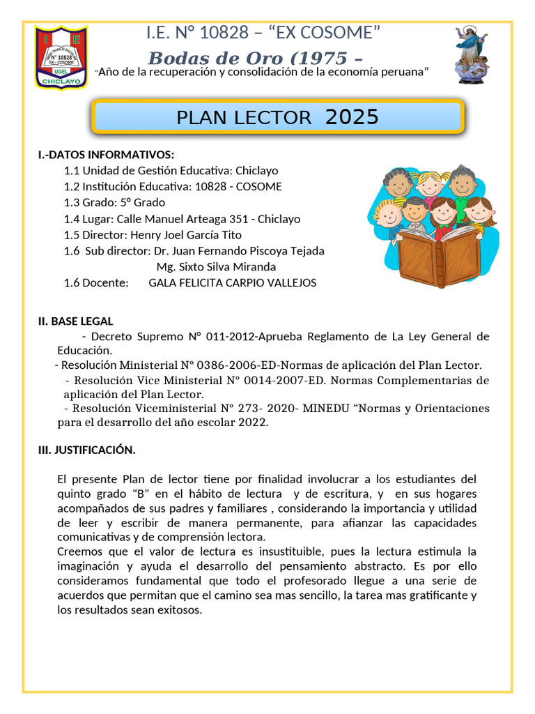 Plan de Lector Quinto Grado | PDF | Salón de clases | Maestros