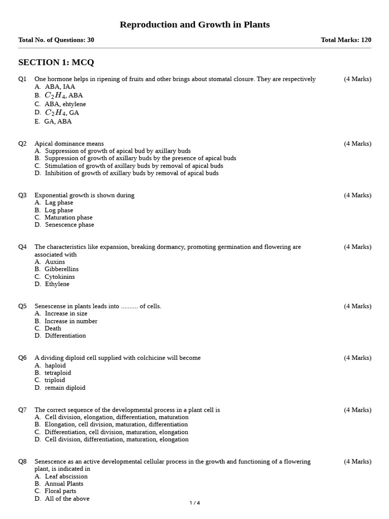 Bio Test-3 Plant Growth | PDF | Plant Hormone | Auxin