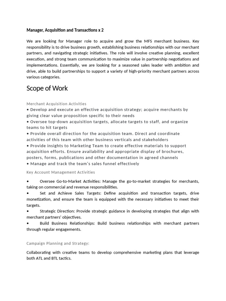 Scope of Work: Manager, Acquisition and Transactions X 2 | PDF ...