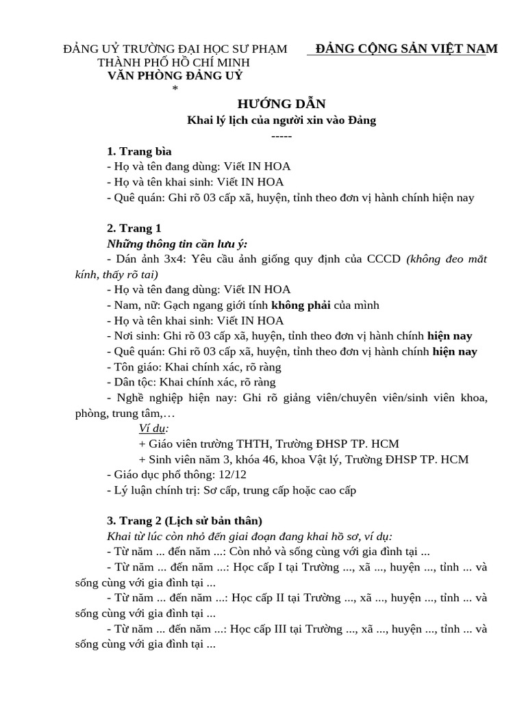 HD Khai Ly Lich Cua Nguoi Xin Vao Dang | PDF