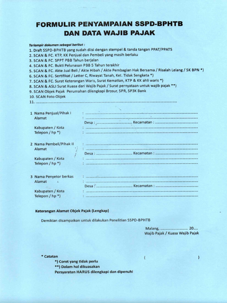 Form SSPD BPHTB Bapenda Kabupaten Malang | PDF