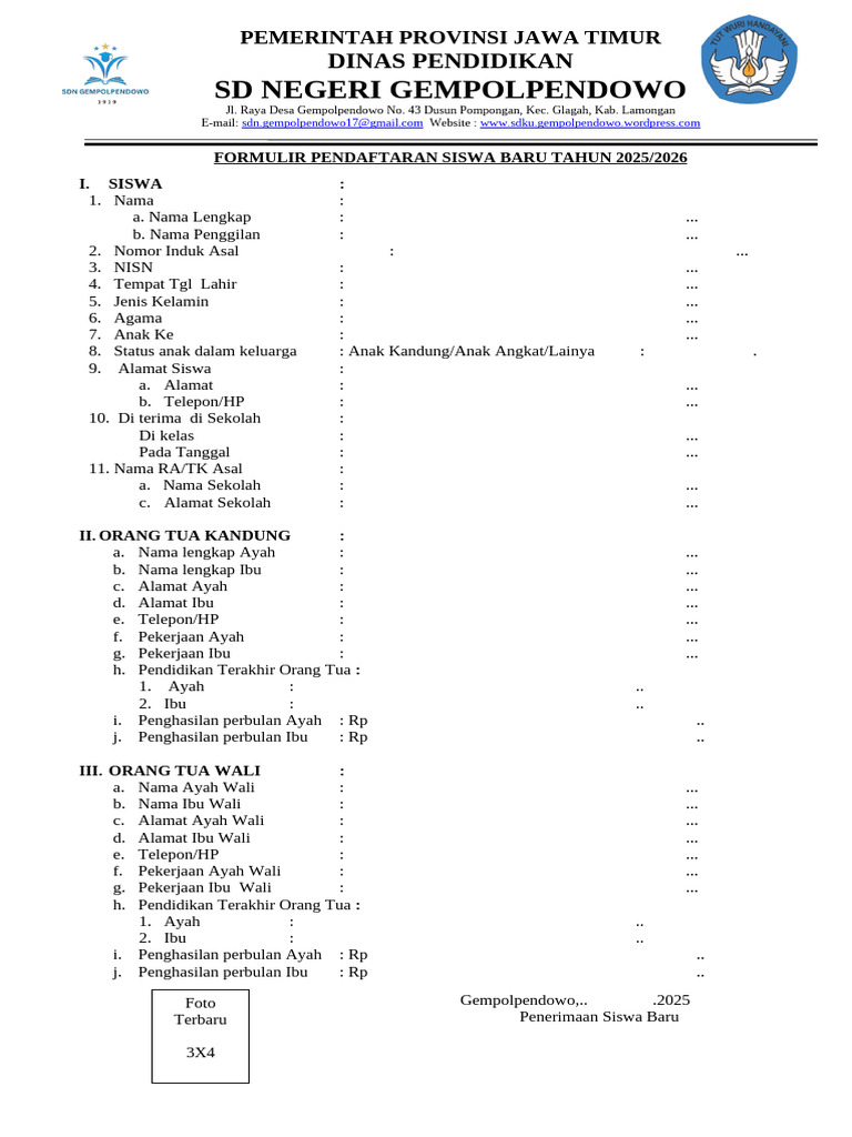 Formulir Pendaftaran Siswa Baru Gempol | PDF