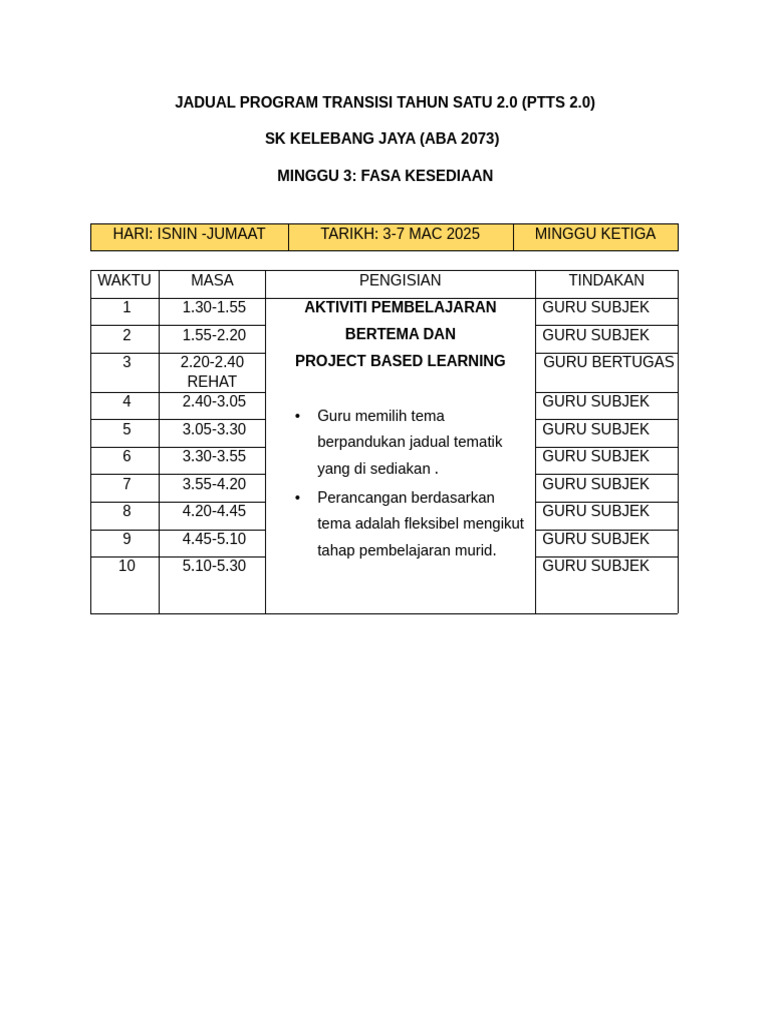 Contoh Jadual Transisi Tahun 1 | PDF