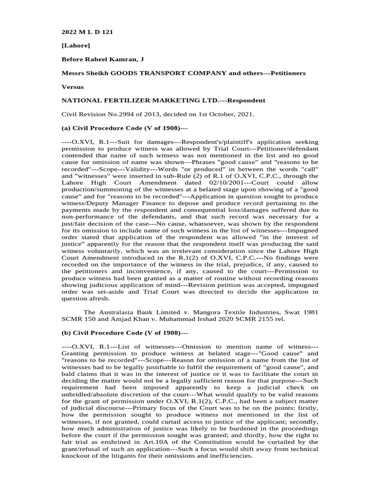2022 M L D 121 (Omission To Mention Name of Witness) | PDF | Lawsuit ...