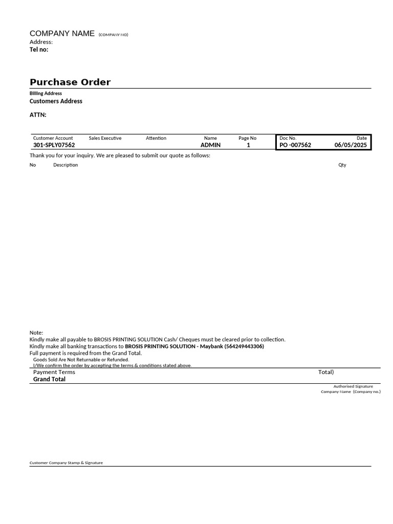Sample Purchase Order Template | PDF
