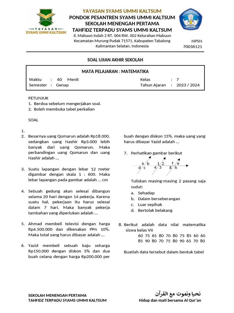 Soal Uas MTK Pondok Kelas 7 | PDF