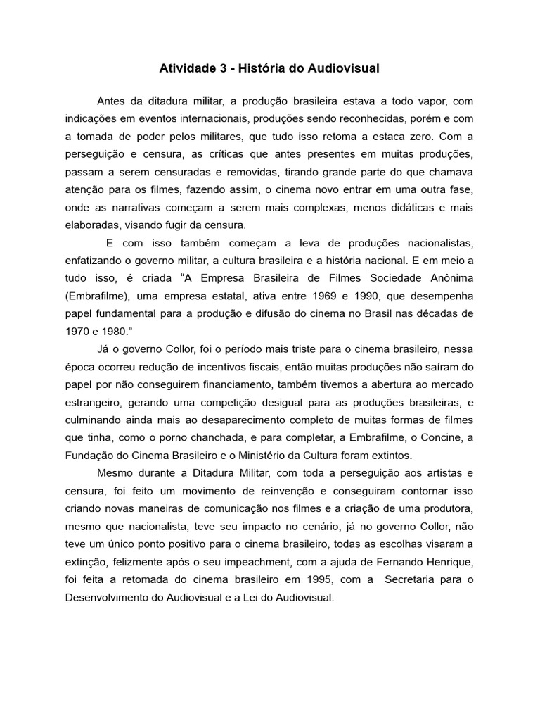 Atividade 3 - História Do Audiovisual. Victor Barros | PDF | Brasil