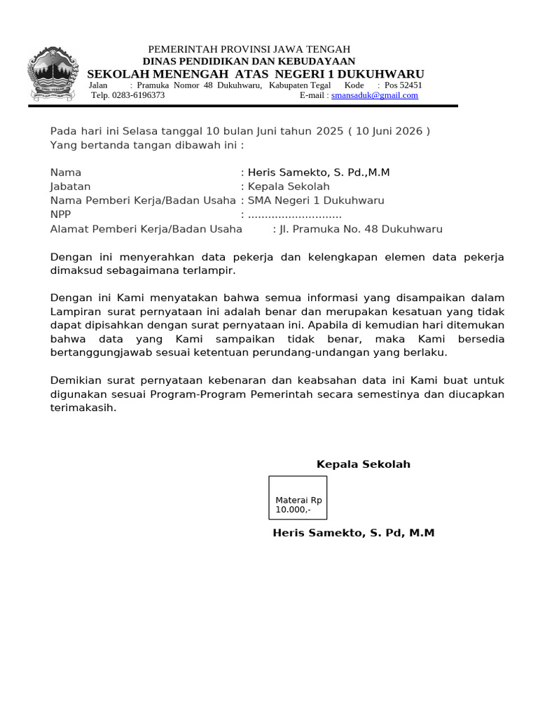 BSU 2025 - Surat Pernyataan Keabsahan & Kebenaran Data | PDF