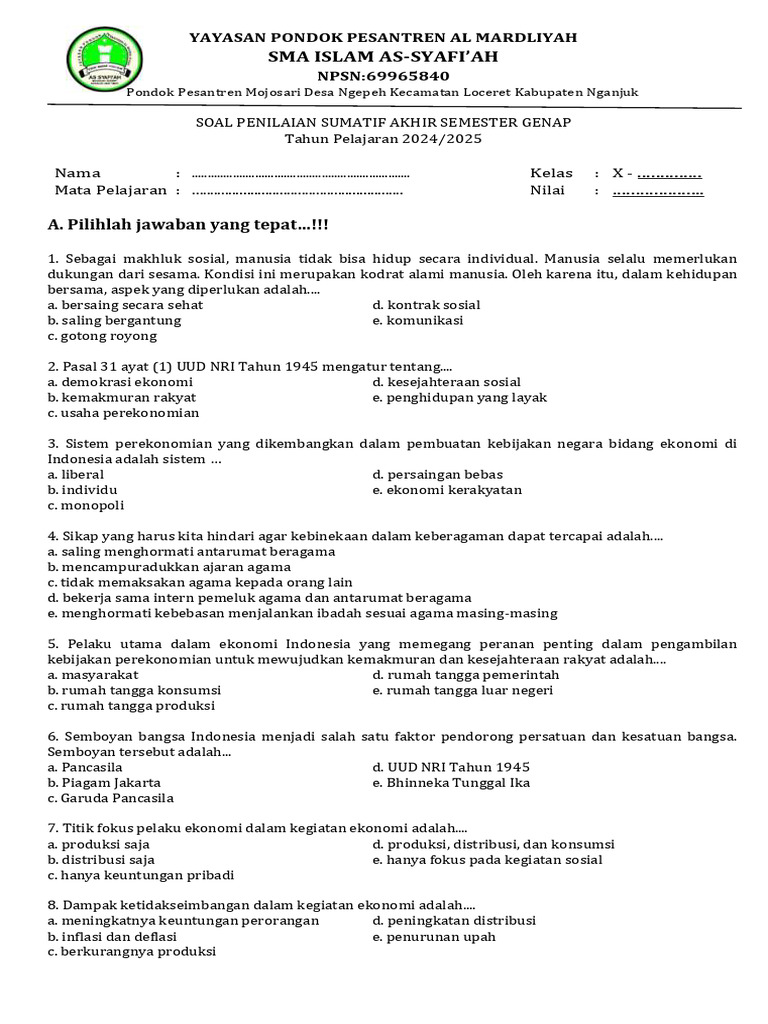 Soal Psas Genap PPKN Smai Kelas X | PDF