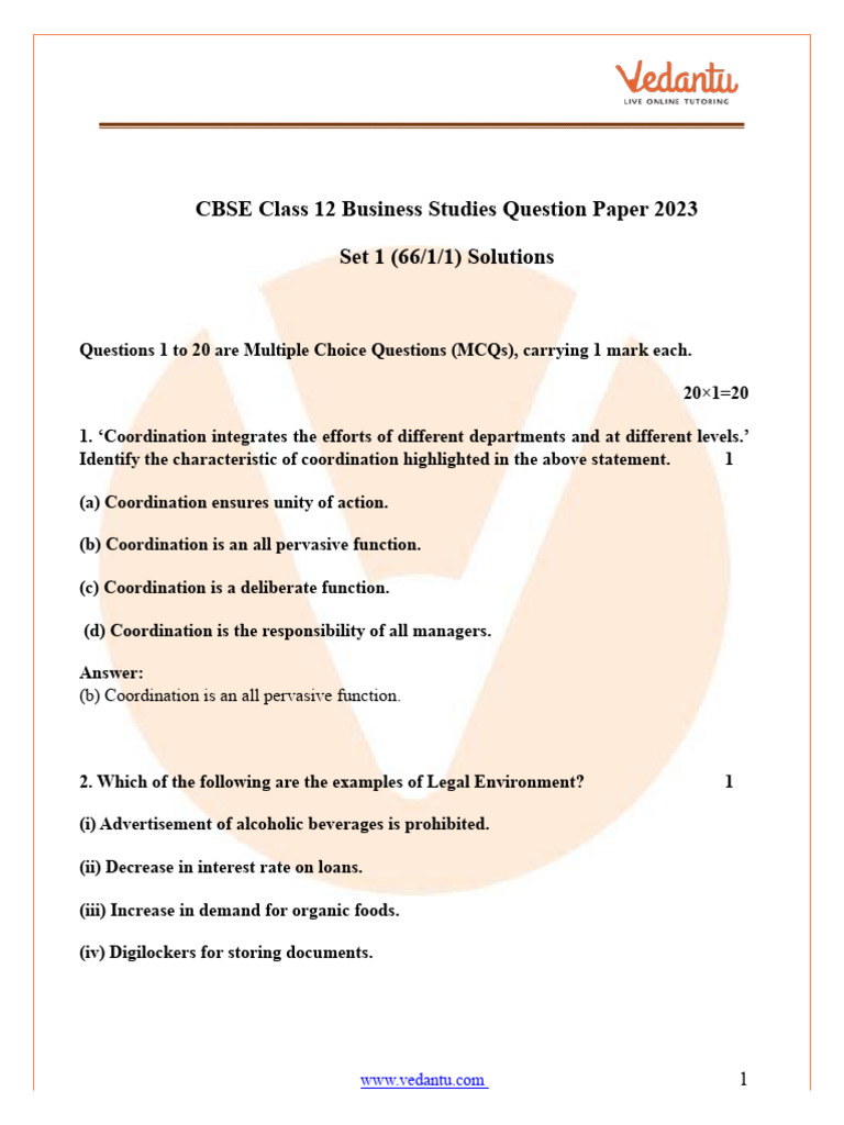 Cbse Class 12 Business Studies Question Paper Set 1 66 1-1-2023 | PDF ...