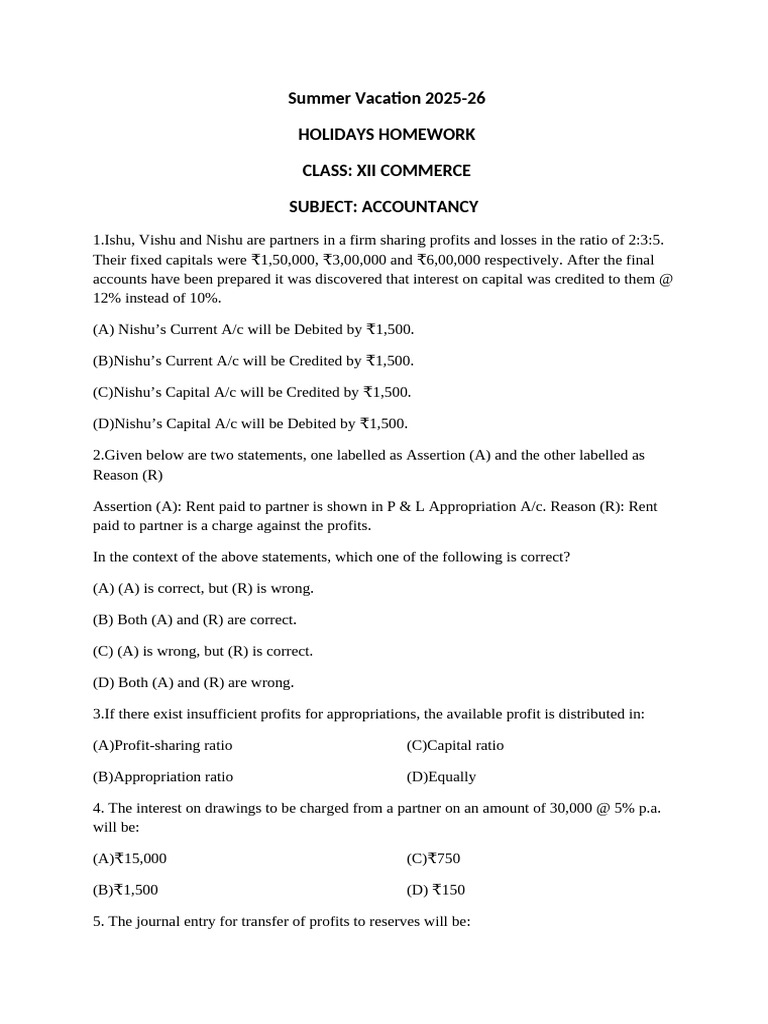 Holidays Homework Xii Acc 2025-26 | PDF | Interest | Goodwill (Accounting)
