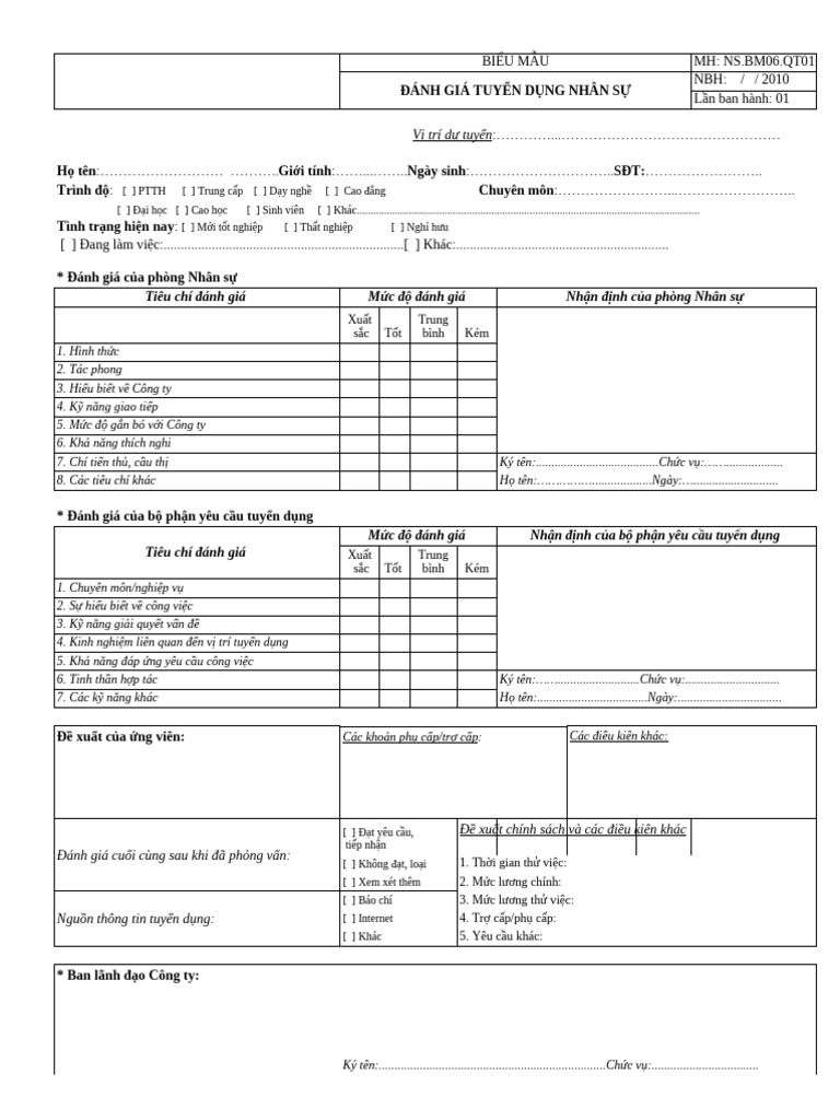 BM06 Phieu Phong Van Ung Vien | PDF