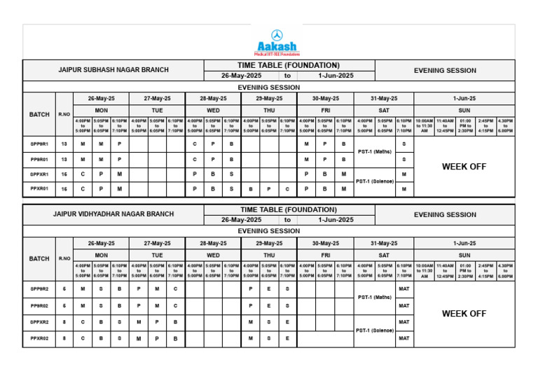 Foundation - JR049 - TIME TABLE 2025-26 - 26.05-01.06 | PDF