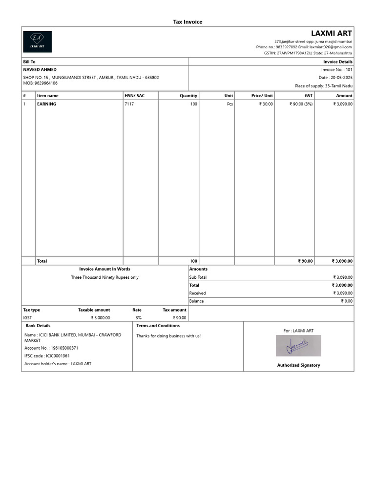 Tax Invoice - 101 - 20 - 05 - 25 | PDF | Taxes | Economies