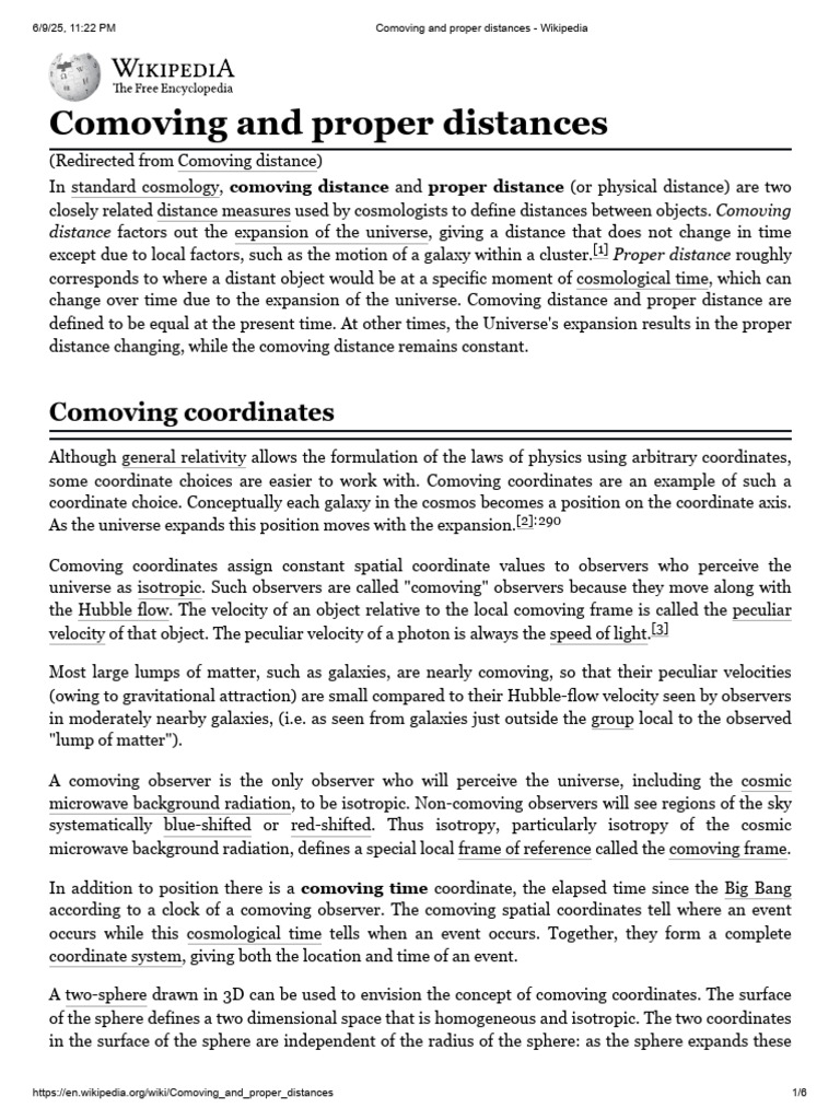 Comoving and Proper Distances - Wikipedia | PDF | Quantity | Metrology