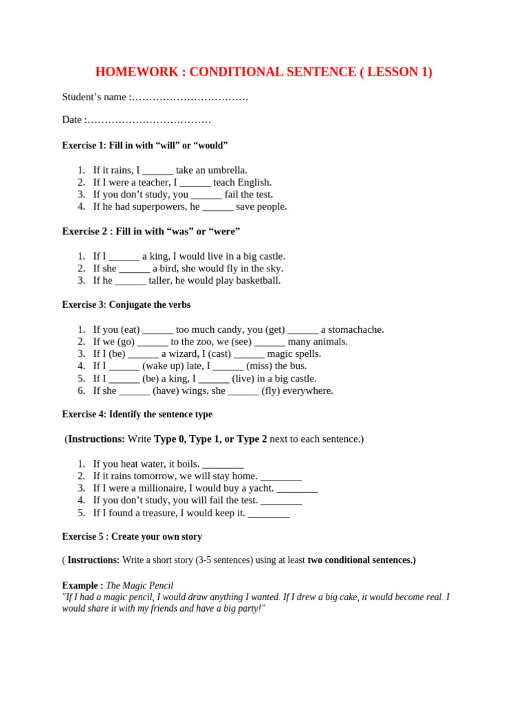 Conditional Sentences Homework Exercise | PDF