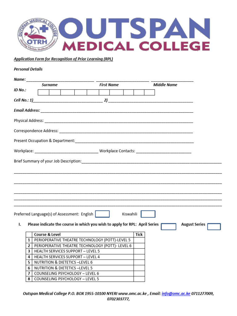Application Form For Recognition of Prior Learning | PDF