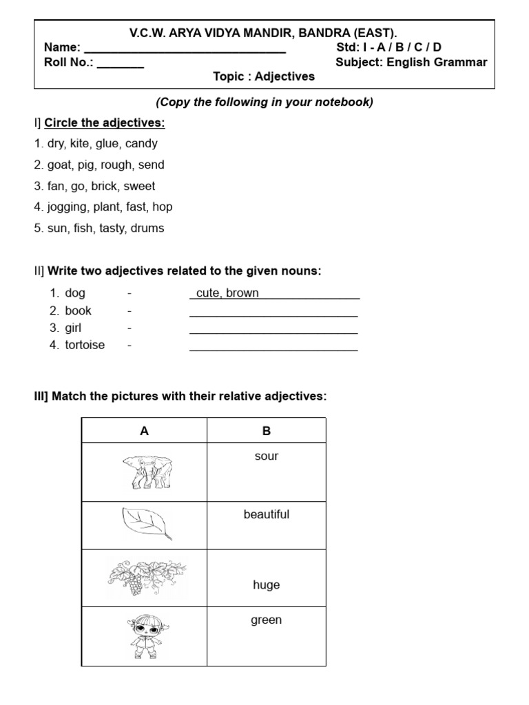 English Grammar: Adjectives Worksheet | PDF