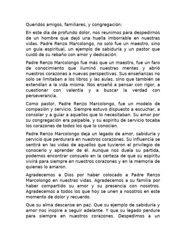 Despedida al Padre Renzo Marcolongo | PDF | Amor